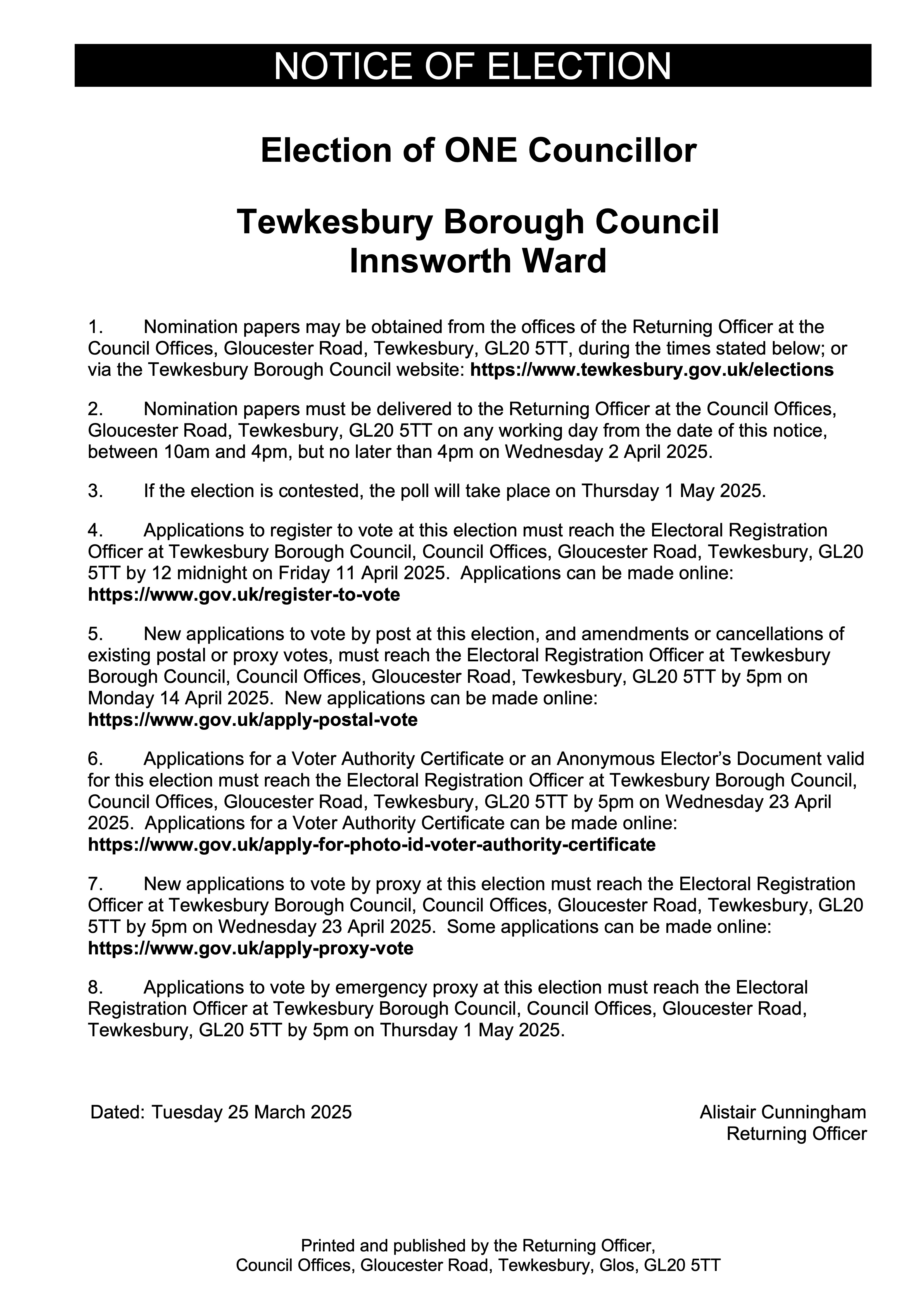 Election of Tewkesbury Borough Councillor Innsworth Ward – Twigworth ...