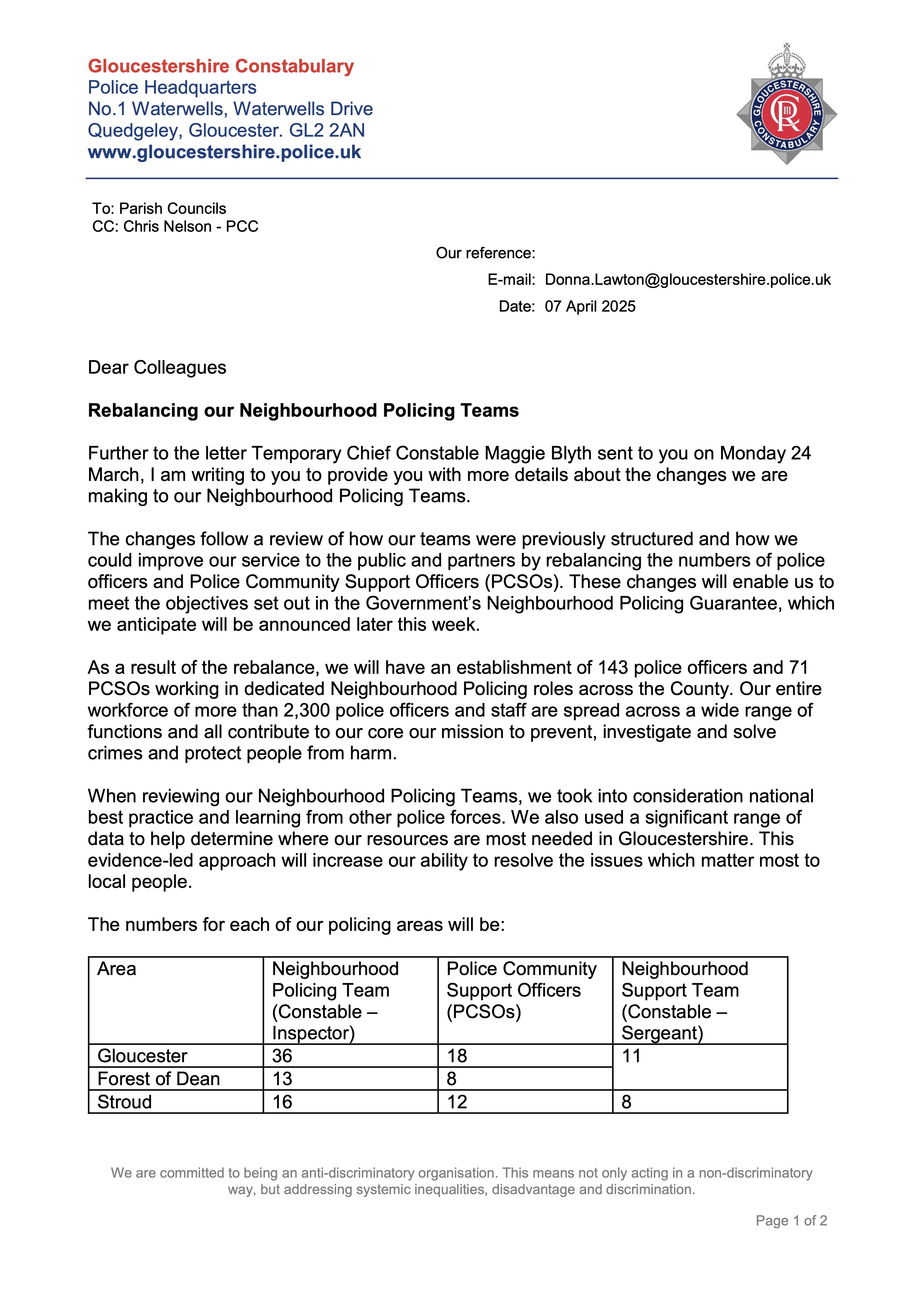 Letter from Gloucestershire Constabulary regarding Neighbourhood ...